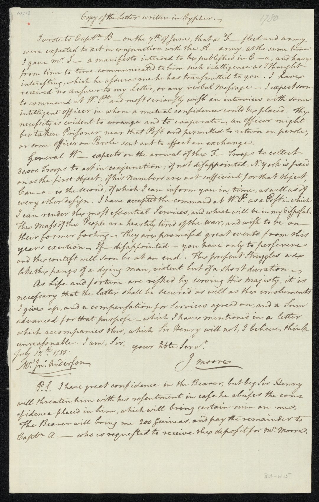 Benedict Arnold Letter to John André, July 12, 1780 - UM Clements Library