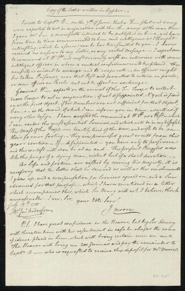 Benedict Arnold Letter to John André, July 12, 1780 - UM Clements Library