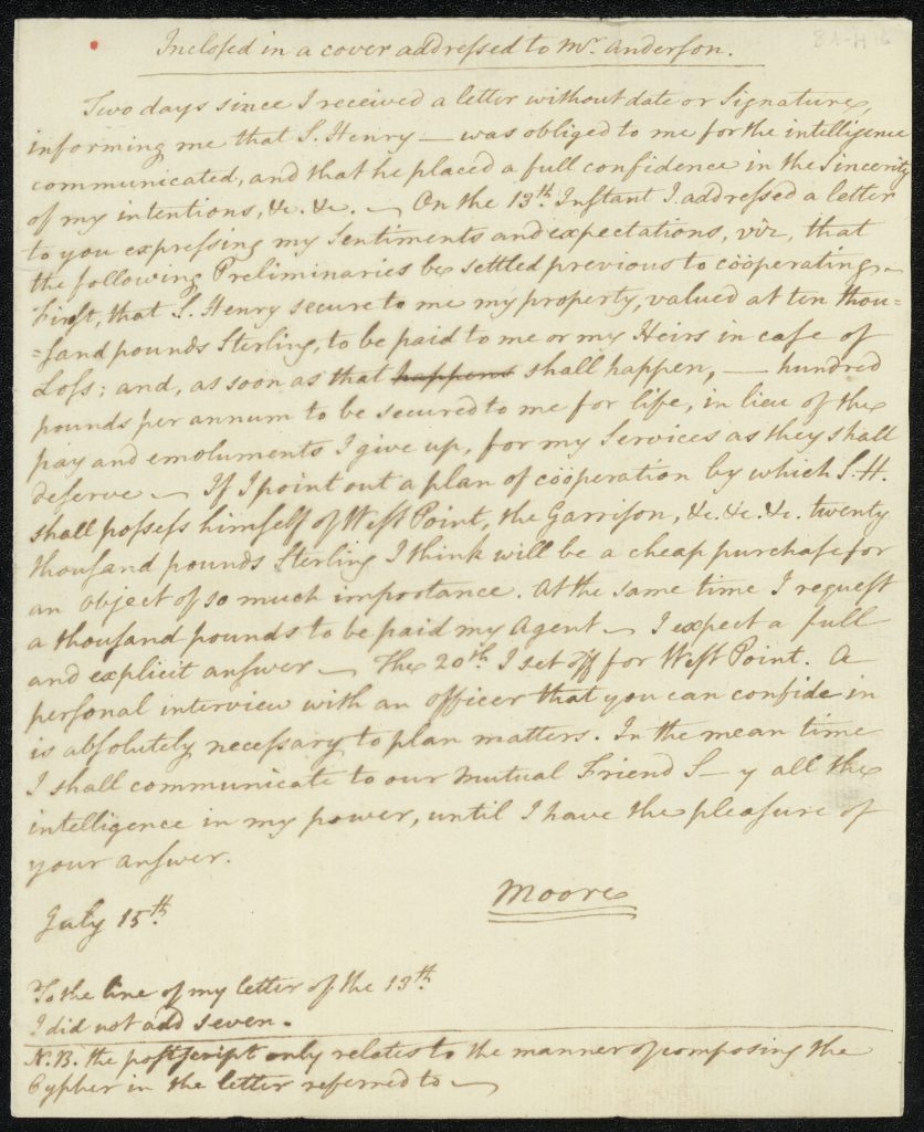 Benedict Arnold Letter to John André, July 15, 1780 - UM Clements Library