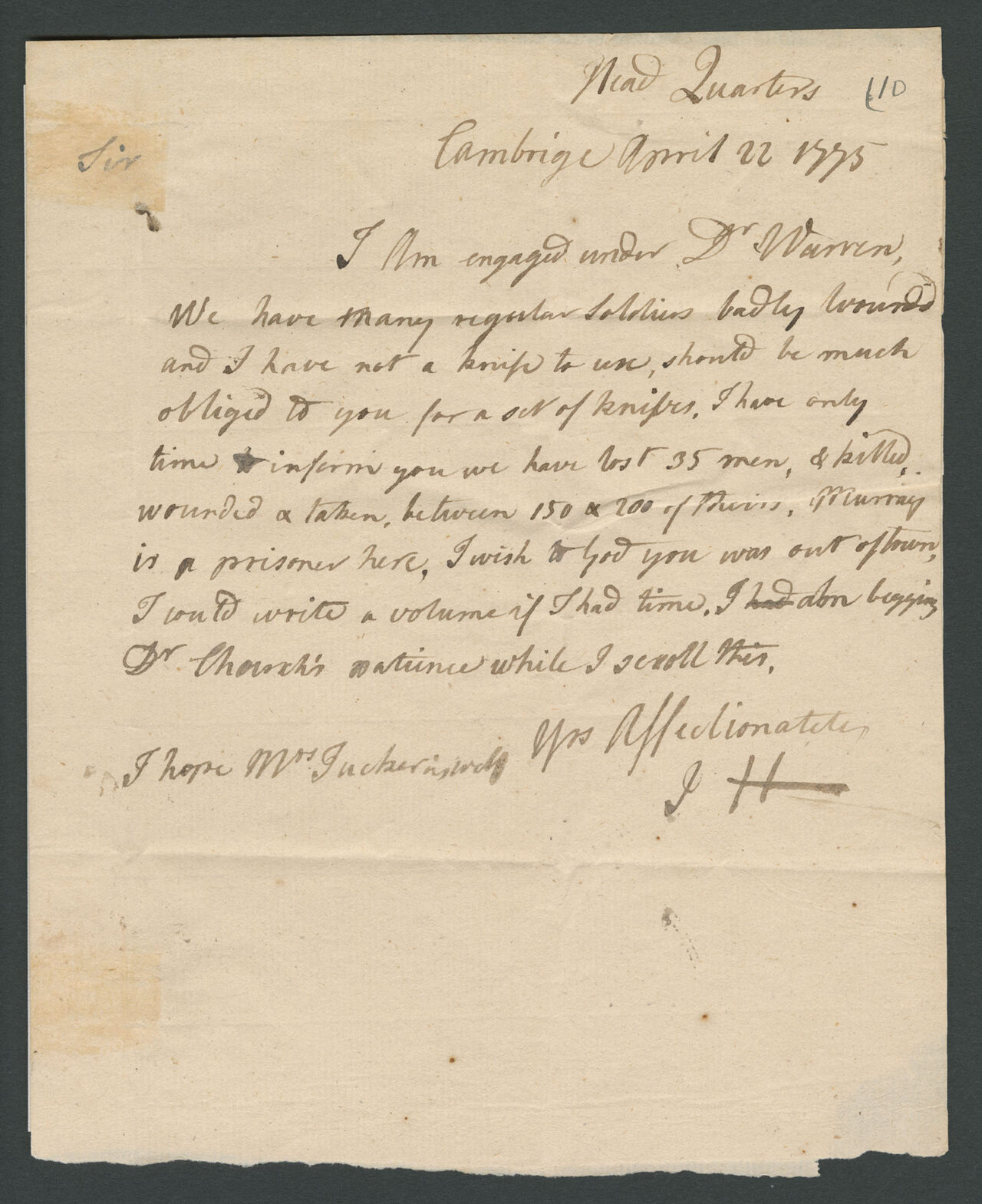 J[ohn] H[omas] autograph letter signed to X, April 22, 1775 - UM ...