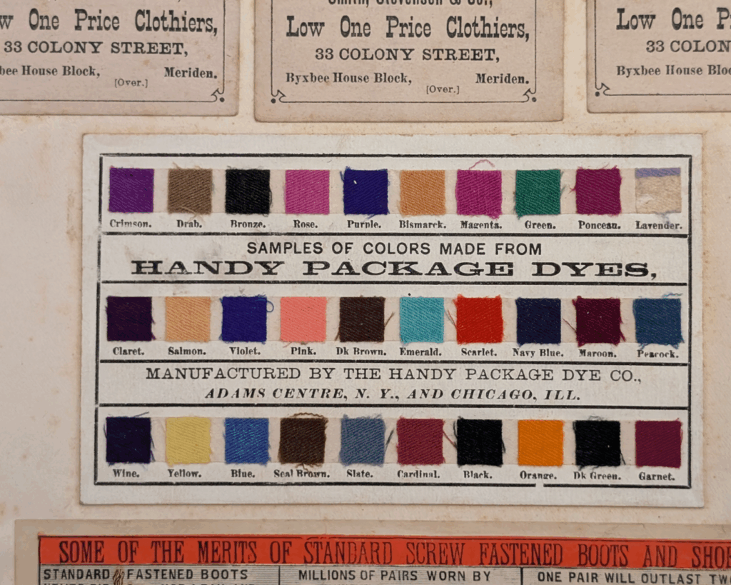 Trade card featuring Samples of Colors Made from Handy Package Dyes (MA ...